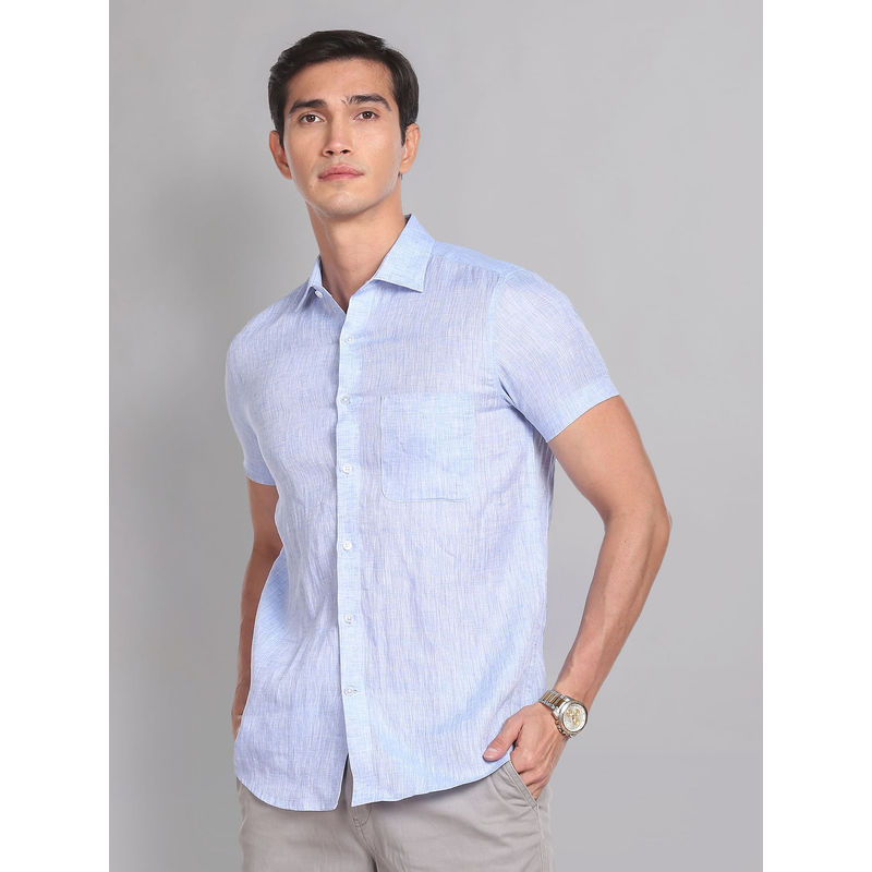 Buy AD By Arvind Short Sleeve Irish Linen Shirt Blue Online