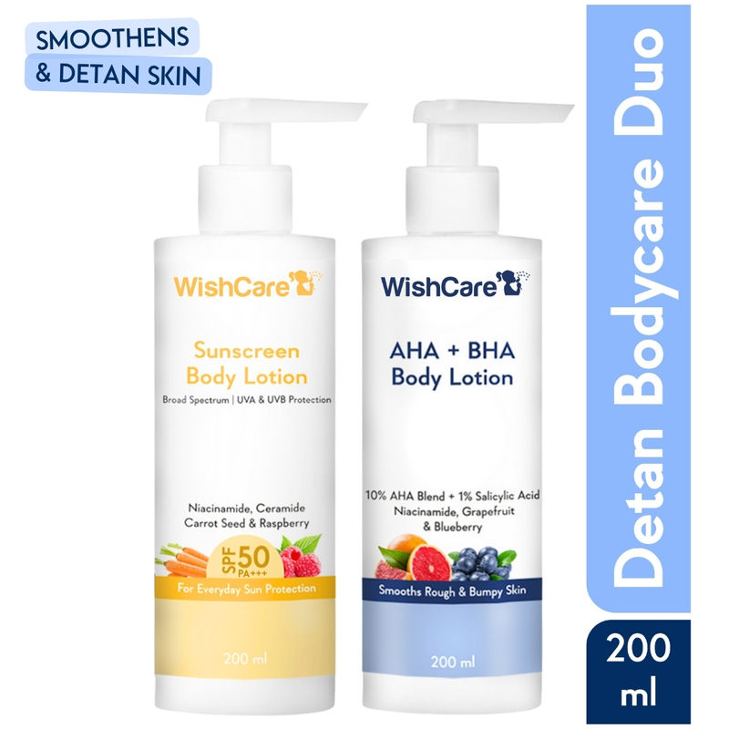 Buy WishCare Detan Duo-Sunscreen Body Lotion SPF50 with Ceremides & AHA ...