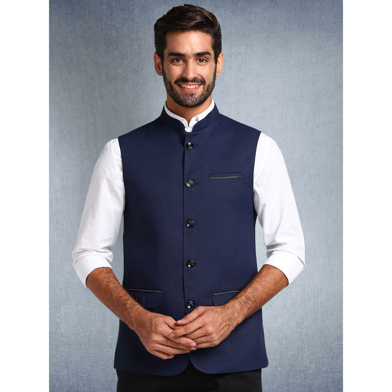 Buy HANGUP Menswear Navy Blue Jute Nehru Jacket Online