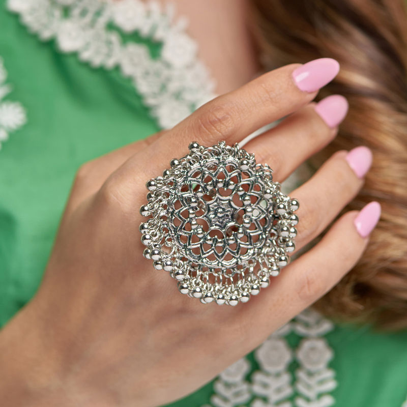 Buy Azai by Nykaa Fashion Ethnic Oxidised Ring with Silver Drops Online