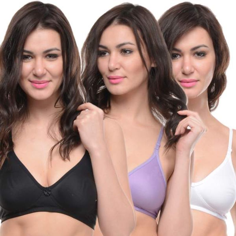 Buy Bodycare Seamless Cup Bra In Black-Purple-White Color - Pack Of 3 Online