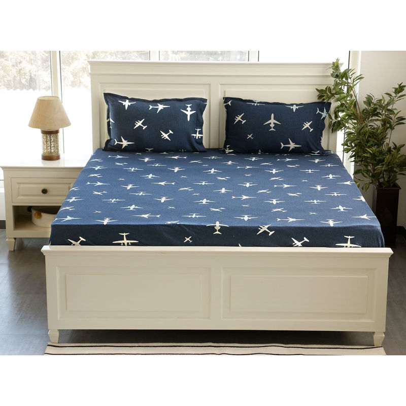 Buy PLUCHI Fly in the Sky Navy King Size Double Bed Fitted Sheet with 2 ...