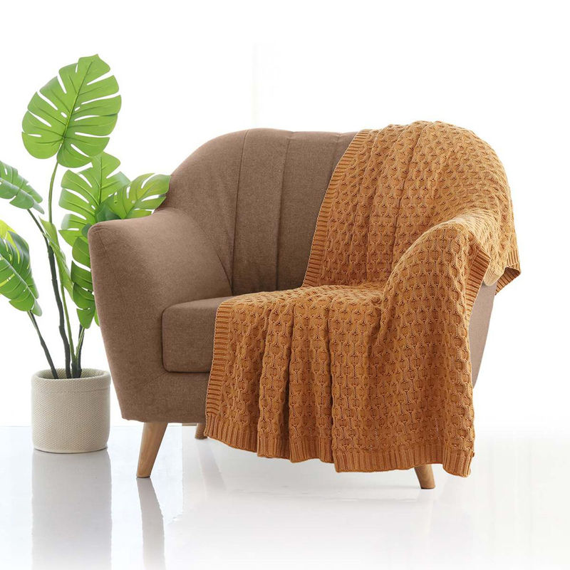 Buy PLUCHI Kelly Knit Mustard Cotton Knitted All Season AC Throw ...