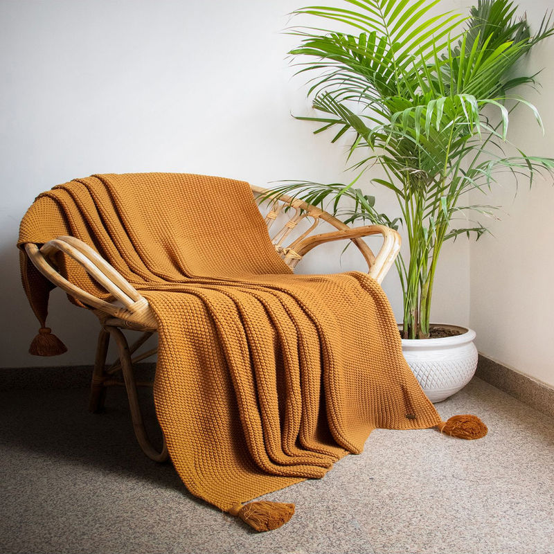 Buy PLUCHI Chunky Seed Stitch Mustard Cotton Knitted All Season AC ...
