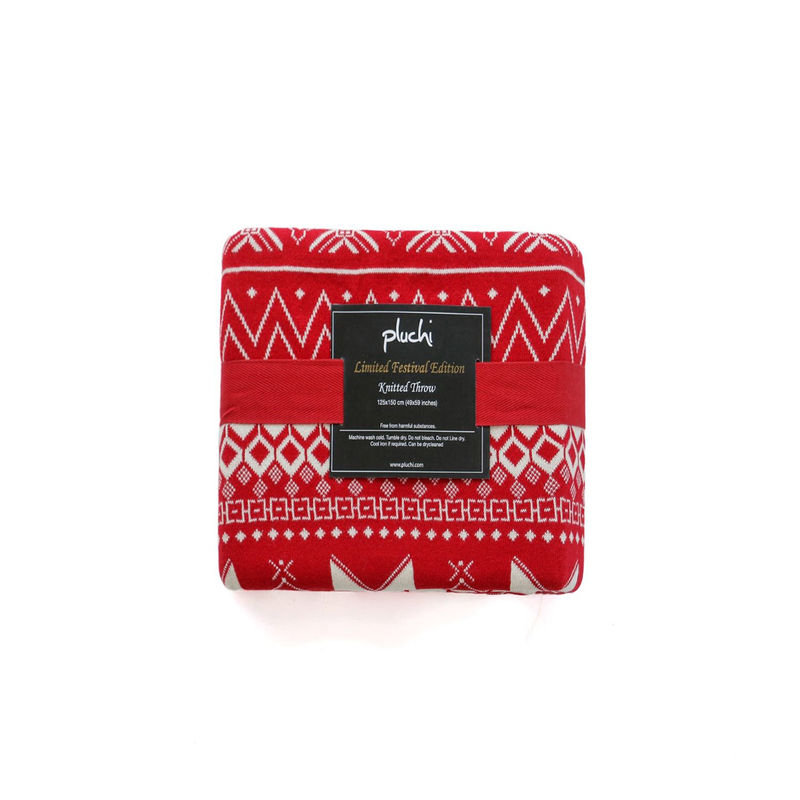 Buy PLUCHI Snow Star Red and Natural Cotton Knitted All Season AC Throw ...