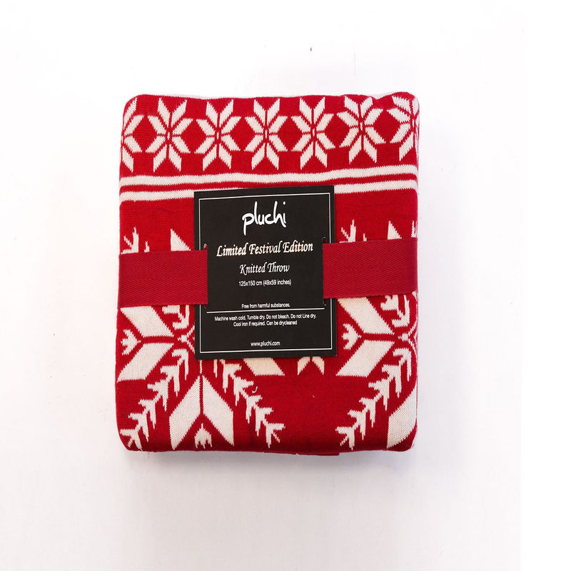 PLUCHI Snow Flakes Red and Natural Cotton Knitted All Season AC Throw ...