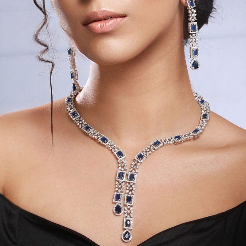 Buy Priyaasi Blue Floral Block Drop American Diamond Silver-Plated ...