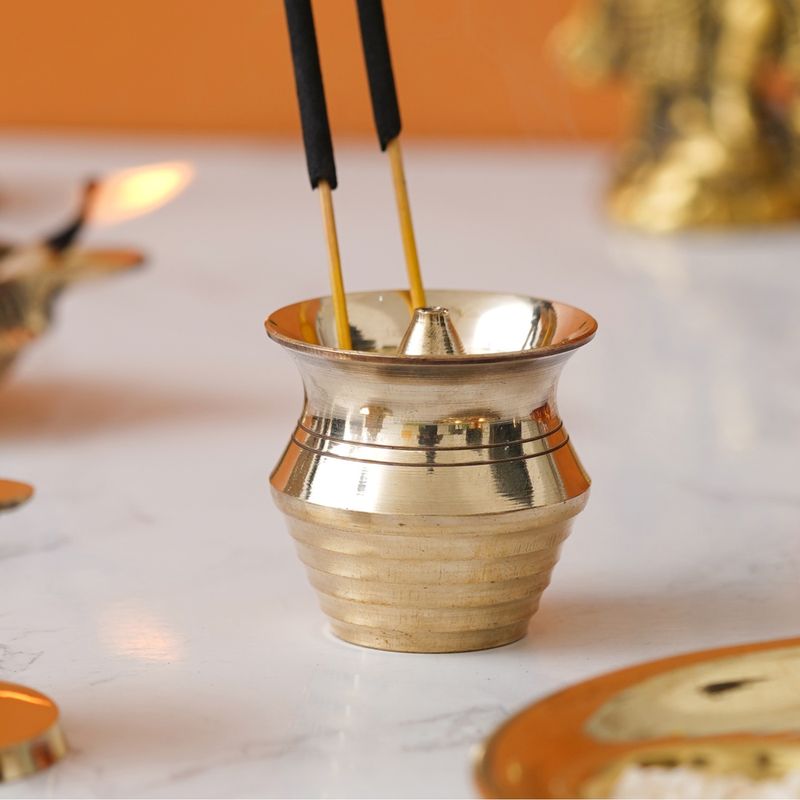 Buy eCraftIndia Golden Matka Shape Brass Incense Stick Holder Online