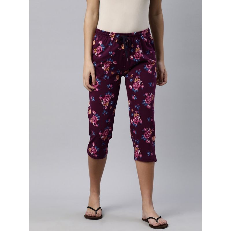 Buy Kryptic Women Burgundy & Blue Printed Cotton Capris Online