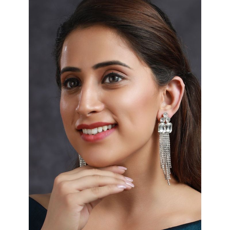 Buy Priyaasi White Floral Block Tassel Drop Earrings Online