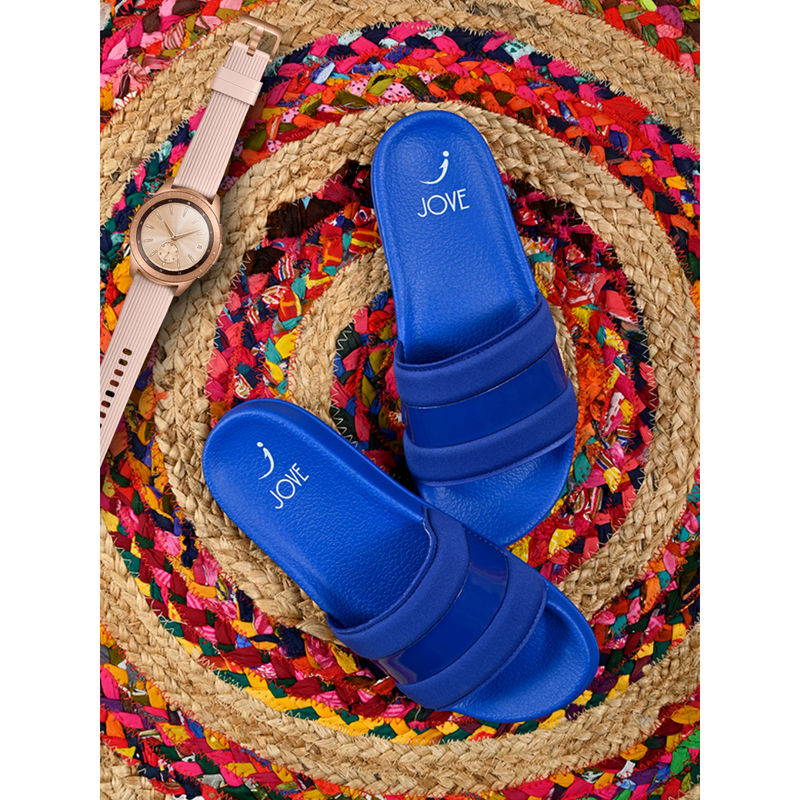 Buy Jove Women Royal Blue Striped Sliders Online