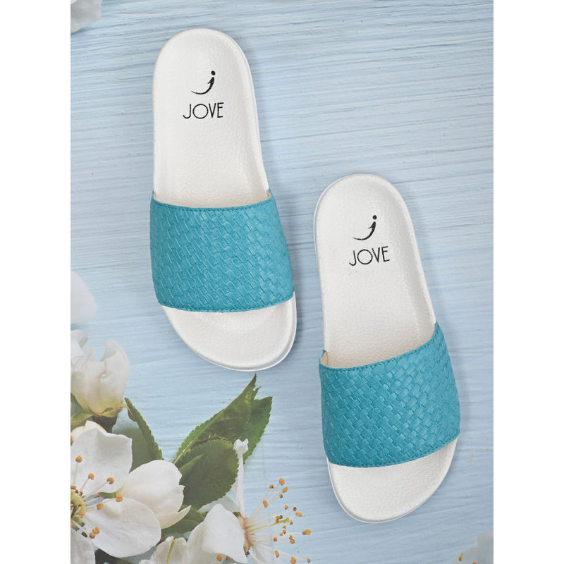 Buy Jove Women Aqua Basket Weave Textured Sliders Online