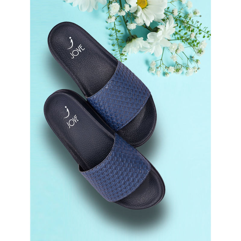 Buy Jove Women Navy Blue Basket Weave Textured Sliders Online