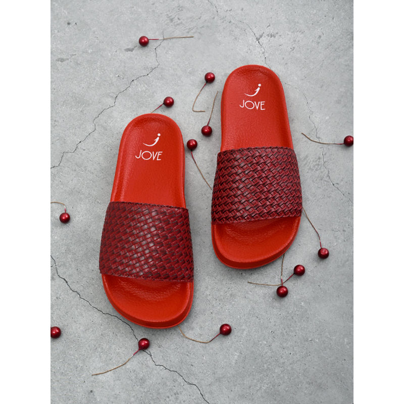 Buy Jove Women Maroon Basket Weave Textured Sliders Online