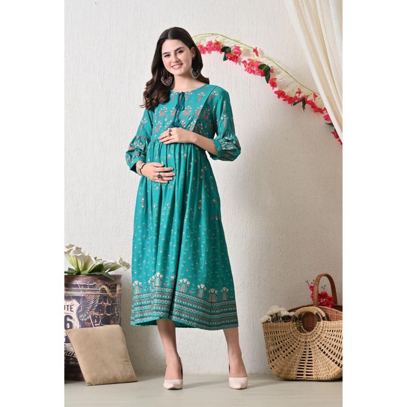 Buy Aaruvi Ruchi Verma Women Teal Motif Printed Fit & Flare Maternity ...
