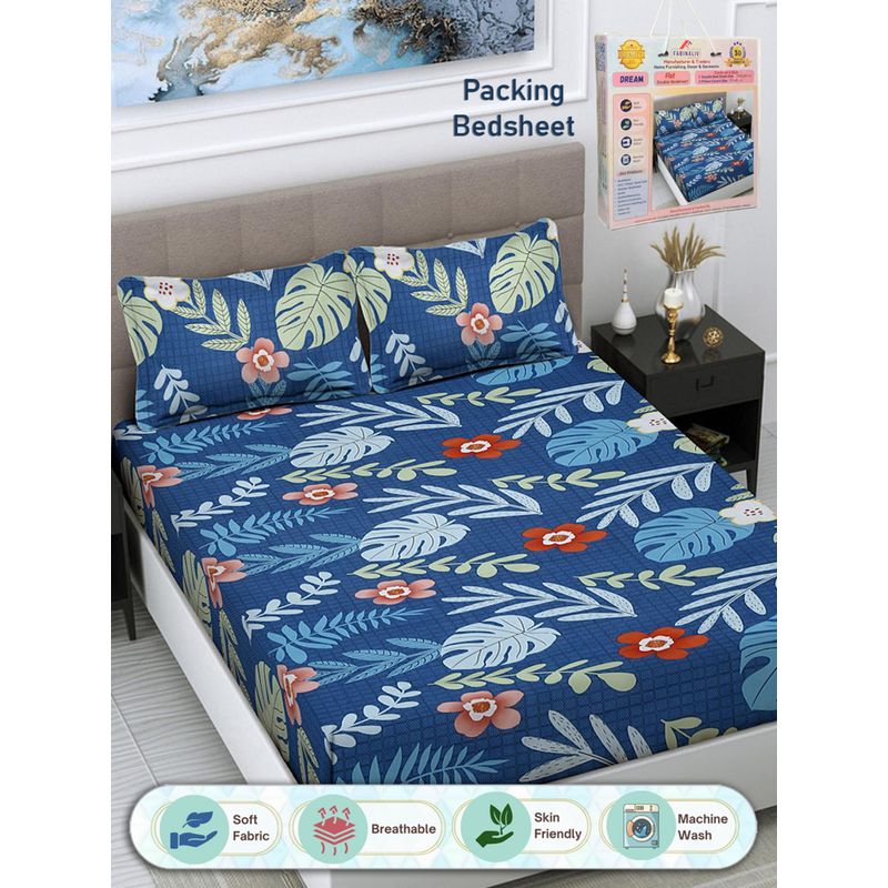 Buy FABINALIV Blue Floral 300 TC Cotton Blend Double Bedsheet with 2 ...