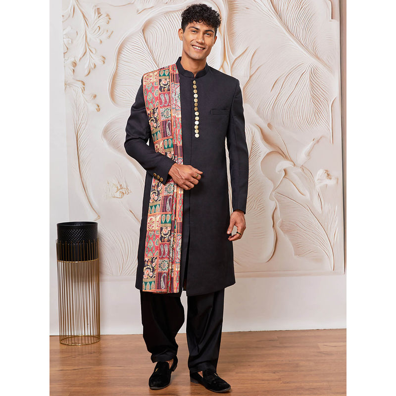 Buy Vastramay Men's Silk Blend Woven Textured Sherwani with Patiala and ...