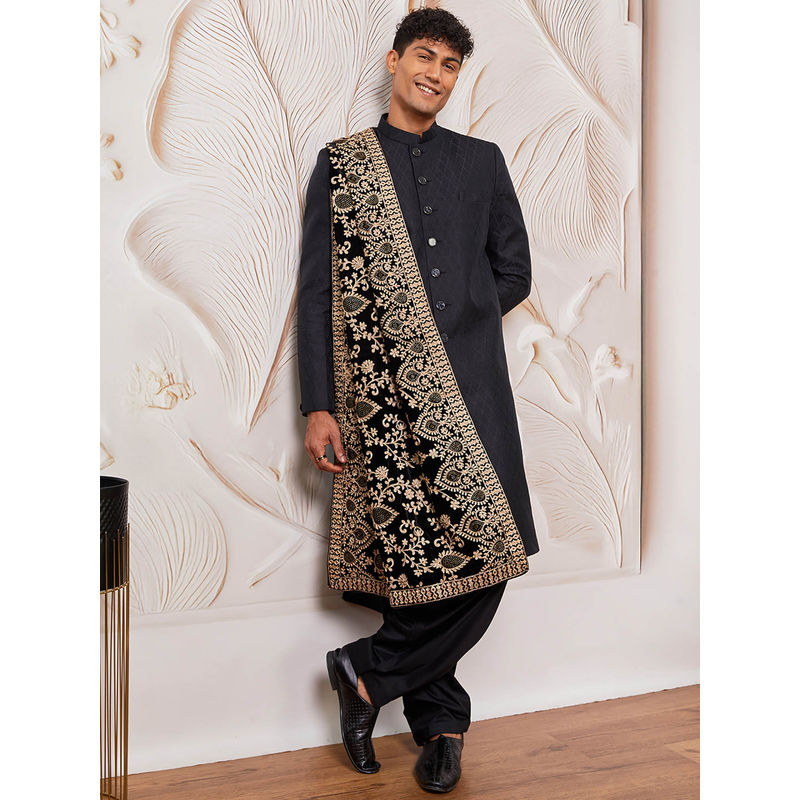 Buy Vastramay Men's Silk Blend Woven Textured Sherwani with Patiala and ...