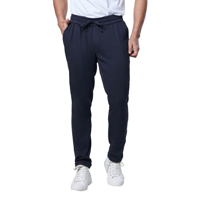 Buy The Souled Store Solids Navy Blue Stretch Structured Pants for Men ...