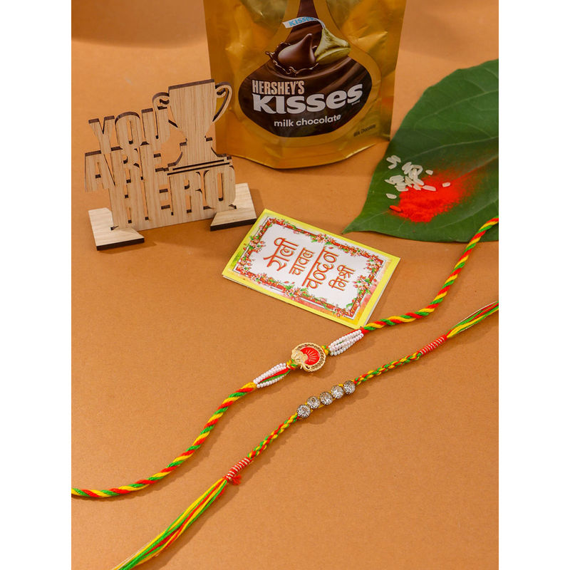 Buy NVR Multi-Color Thread Rakhi with Chocolate and Mdf Stand (Set of 4 ...