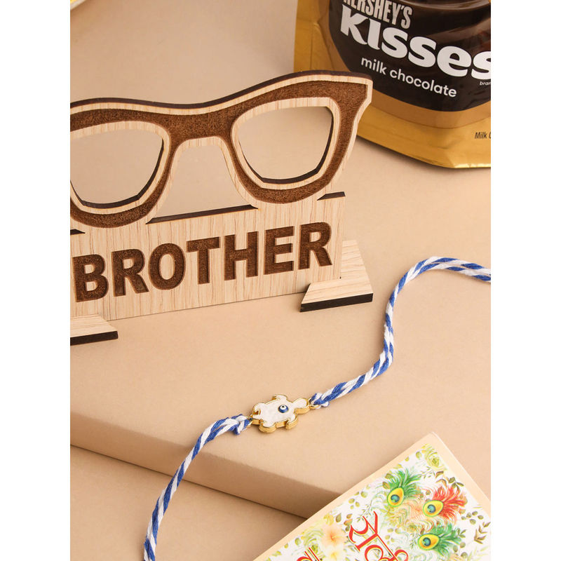 Buy NVR Blue Thread Rakhi with Chocolate and Mdf Stand (Set of 3) Online