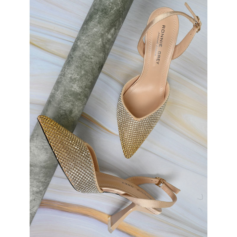 Buy Ronnie Grey Women Gold Embellished Heeled Mules Online
