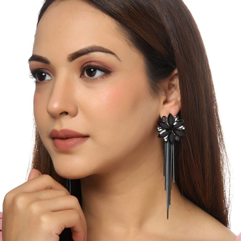 Buy Yellow Chimes Floral Shaped Crystal Black Long Chain Dangler ...