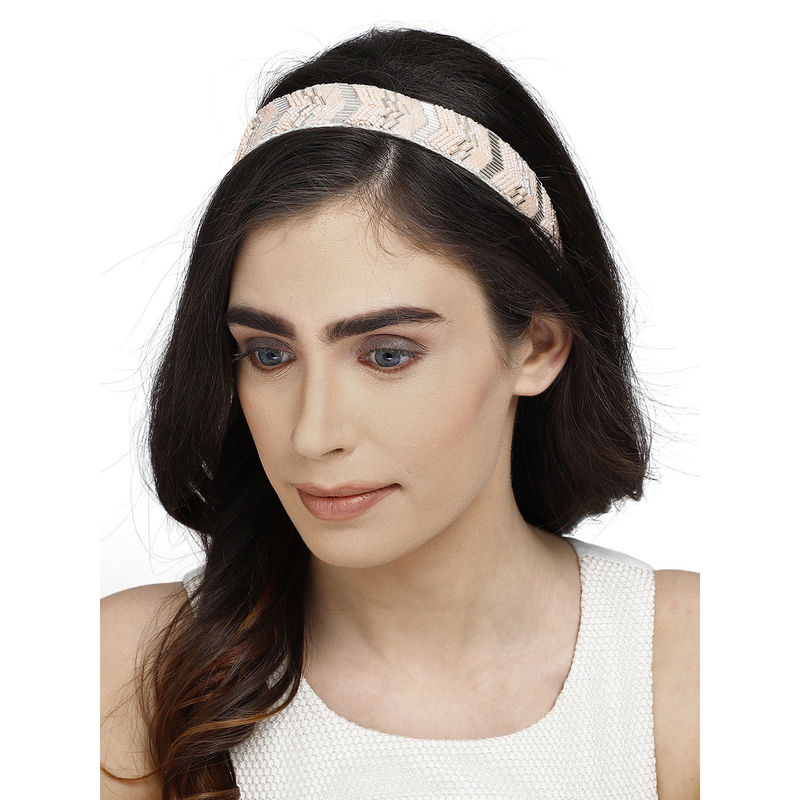 Buy Anekaant Pastel Pink and Silver Chevron Velvet Hair Band Online