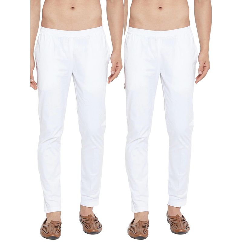 Buy See Designs Men White Solid Pure Cotton Pyjama (Set of 2) Online