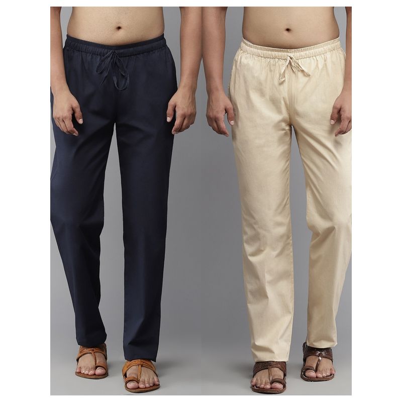 Buy See Designs Men Navy Blue and Beige Solid Pure Cotton Pyjama (Set ...