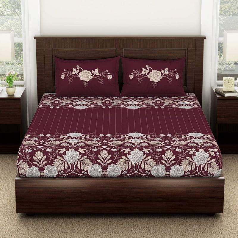 Buy SPACES Evoke 100% Cotton Fitted Sheet Merlot (King) Online