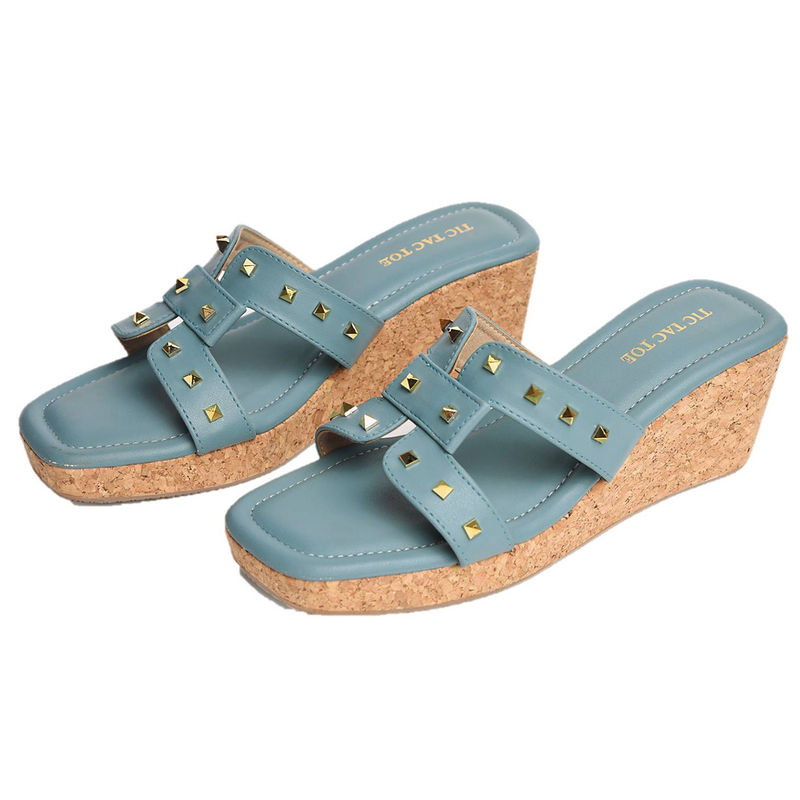 Buy Tic Tac Toe Teal Studs Plain Wedges Online