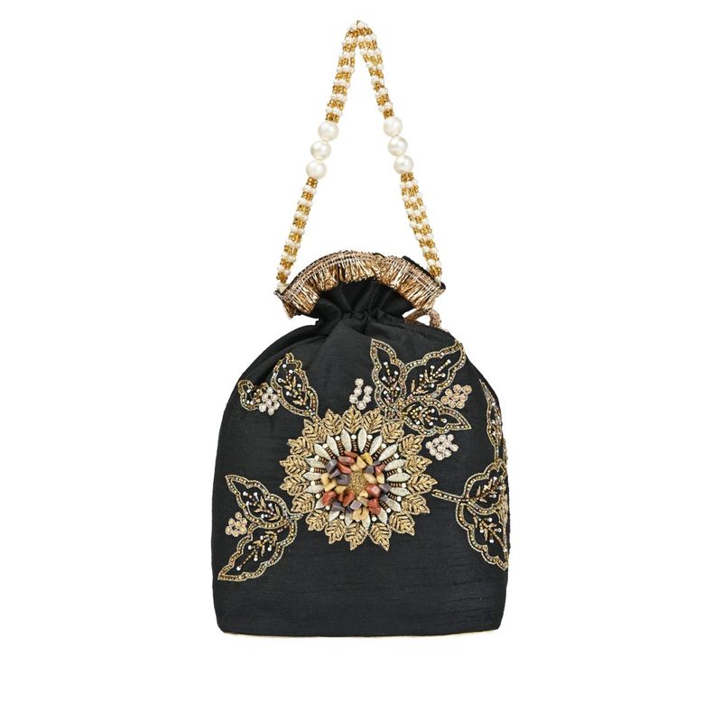 Buy ROCIA By Regal Black Women Raw Silk Embroidered Potli Bag Online