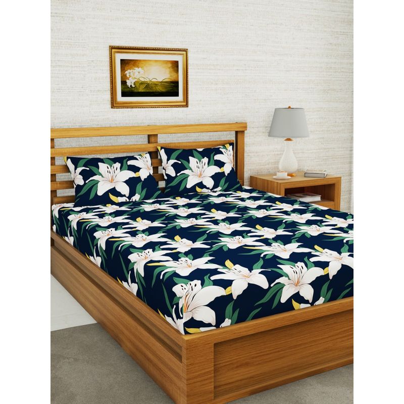 KOPA Micro Double Bedsheet with 2 Pillow Covers Floral Navy Blue White ...