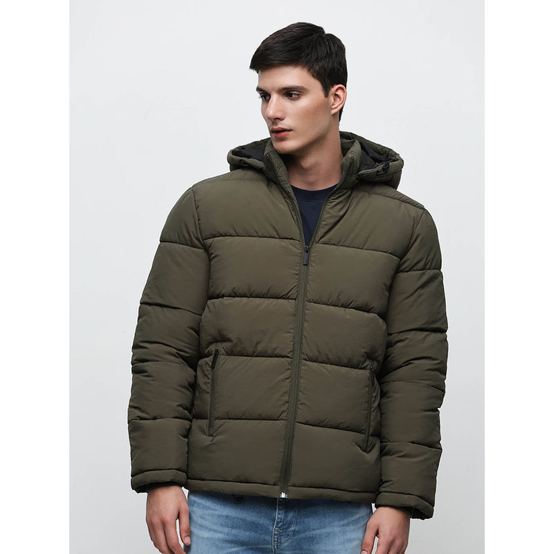 Buy SELECTED HOMME Green Hooded High Neck Puffer Jacket Online