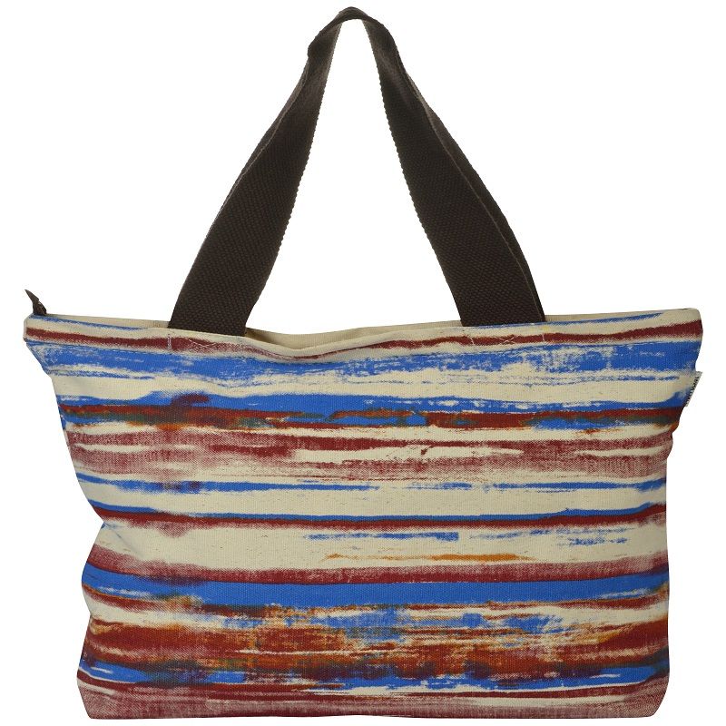Buy Pick Pocket Brown And Blue Stripped Printed Tote Bag Online