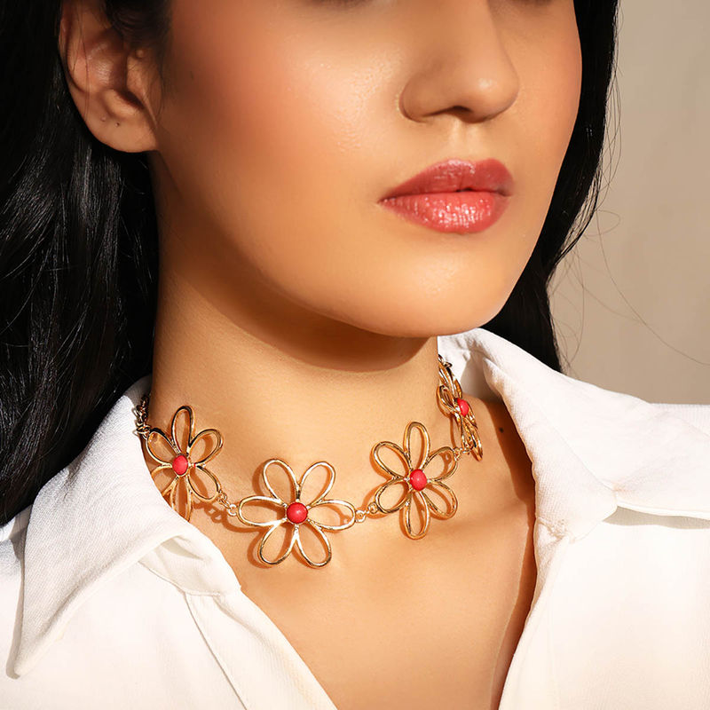 Buy PRITA Floral Red Stone Stud Statement Necklace Online