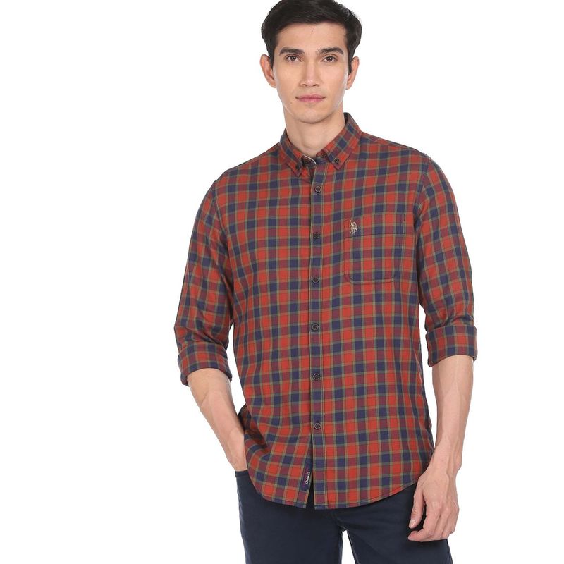 Buy U.S. Polo Assn. Denim Co. Men Rust & Navy Blue Button Down Collar ...