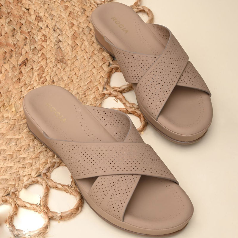 Buy ROCIA By Regal Beige Women Comfort Laser Cut Cross Strap Sandals Online