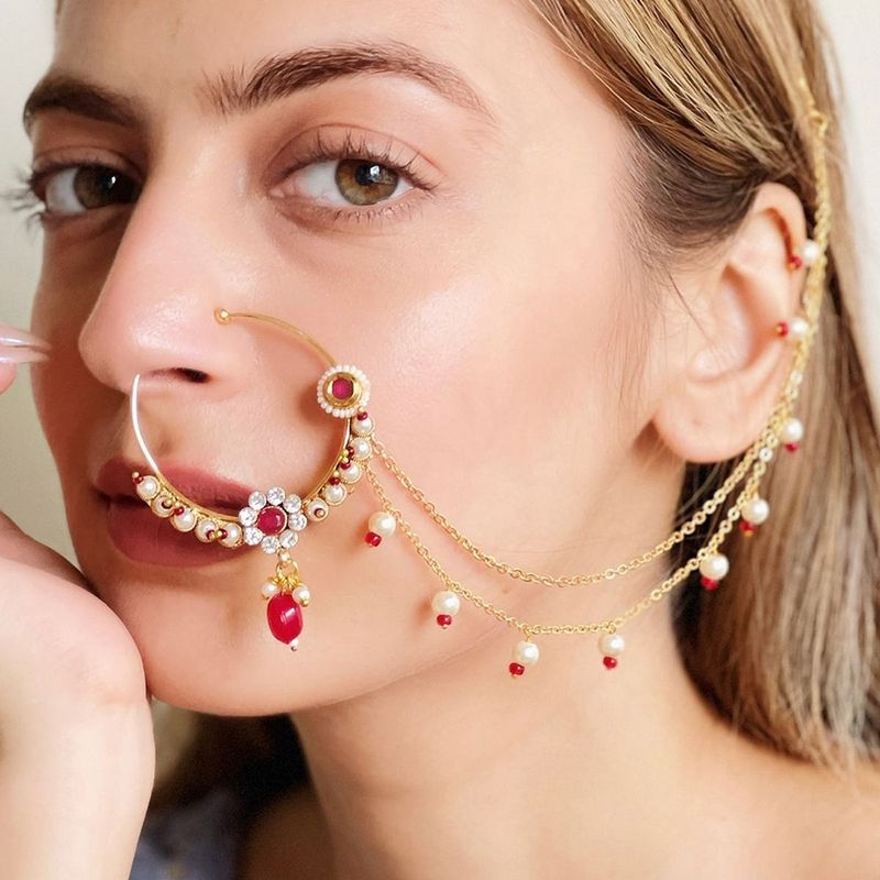 Buy Azai by Nykaa Fashion Bridal Red Nath With Gold Chain Online