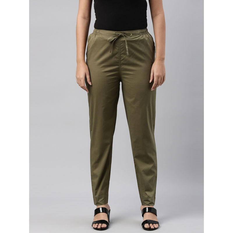 Buy Go Colors Women Medium Solid Mid Rise Cotton Pants - Olive Online