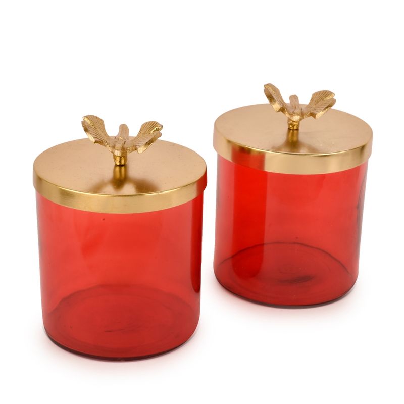 Manor House Red Glass Jar Set of 2 with Metal Water Fly Lid 5.5 Inches ...