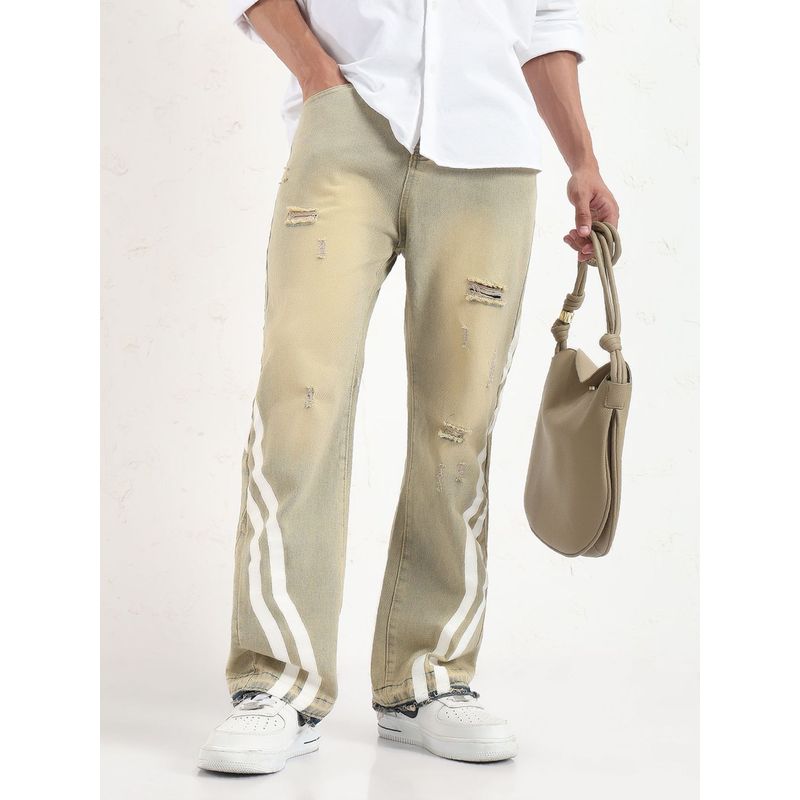 Buy SHOWOFF Edition Men's Beige Distressed Solid Straight Fit Jeans Online