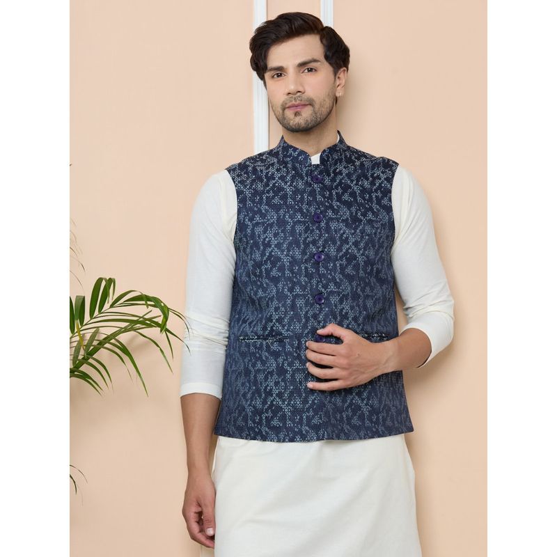 Buy See Designs Navy Blue Woven Jacquard Nehru Jacket Online