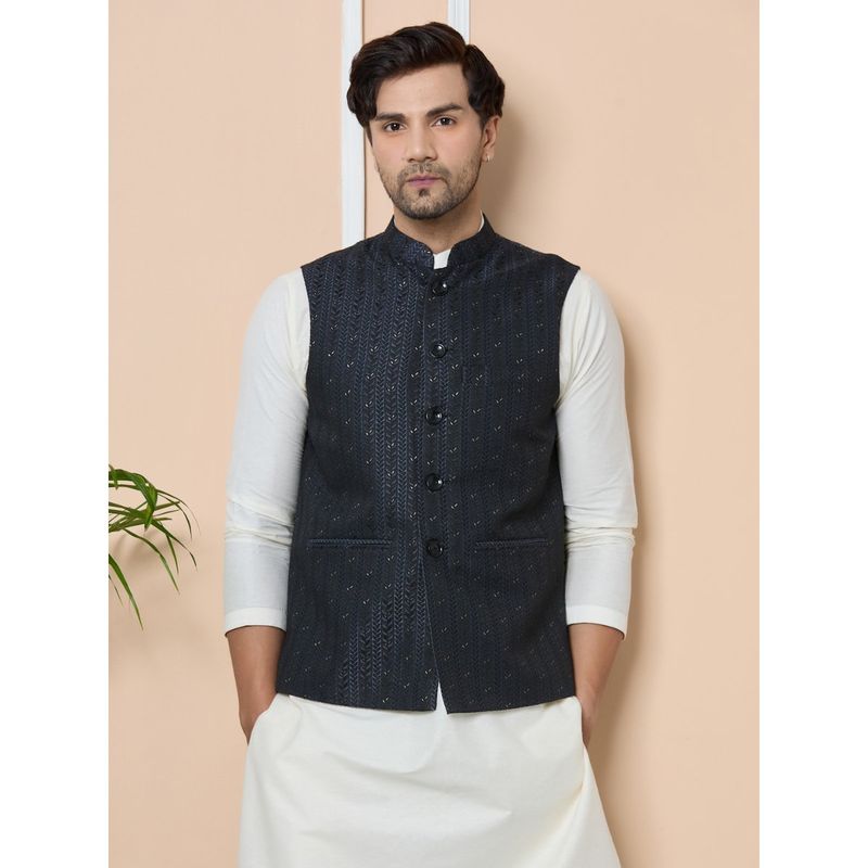 Buy See Designs Black Woven Jacquard Nehru Jacket Online