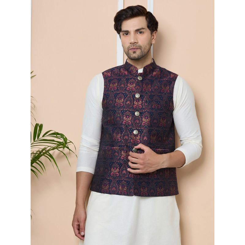 Buy See Designs Navy Blue Woven Jacquard Nehru Jacket Online