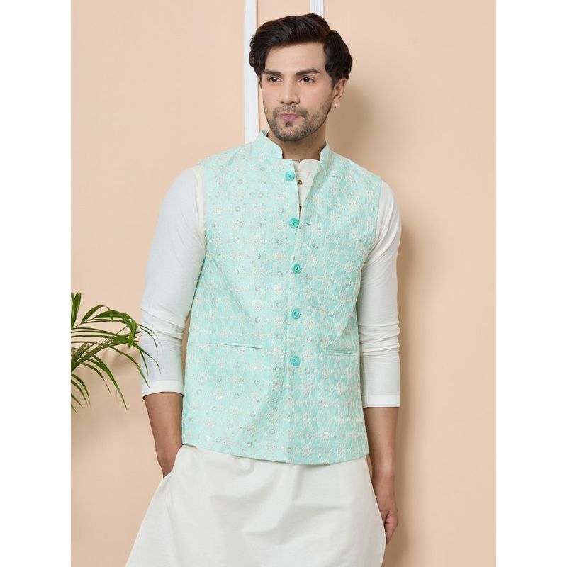 Buy See Designs Sea Green Sequin Embroidered Nehru Jacket Online