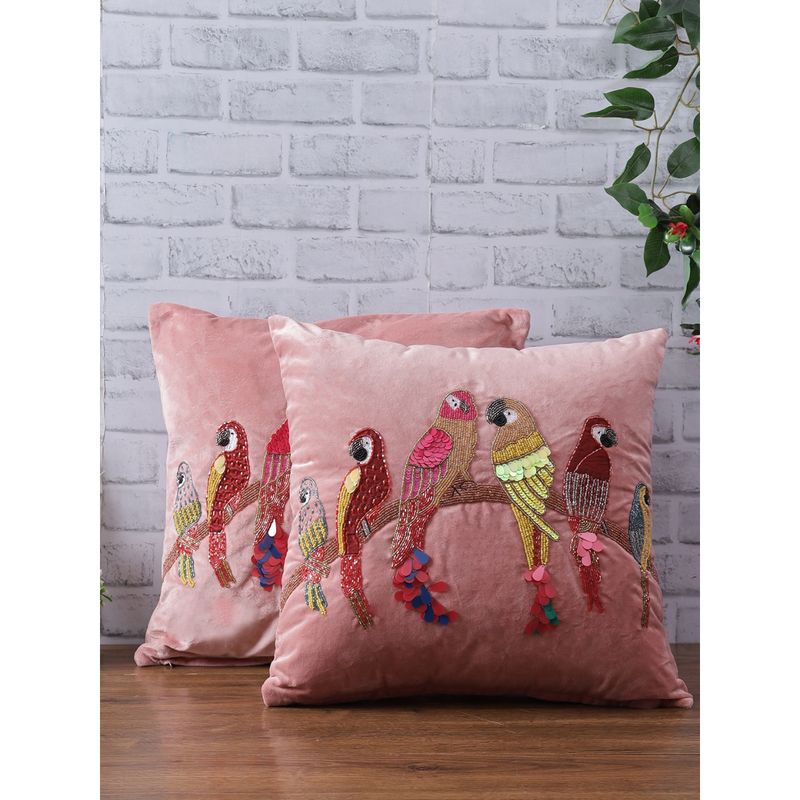 Buy eyda Velvet Peach Color Beaded Sequin Cushion Cover Set Of 2-18X18 ...