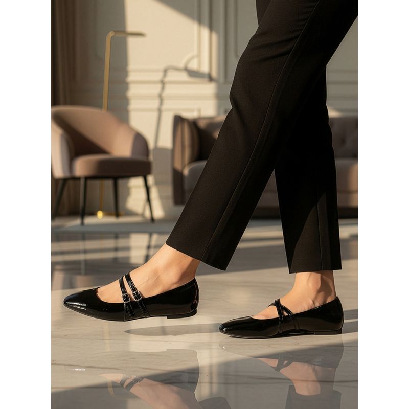 Buy ELLE Womens Patent Finish Mary Jane Ballerina with Double Buckle ...