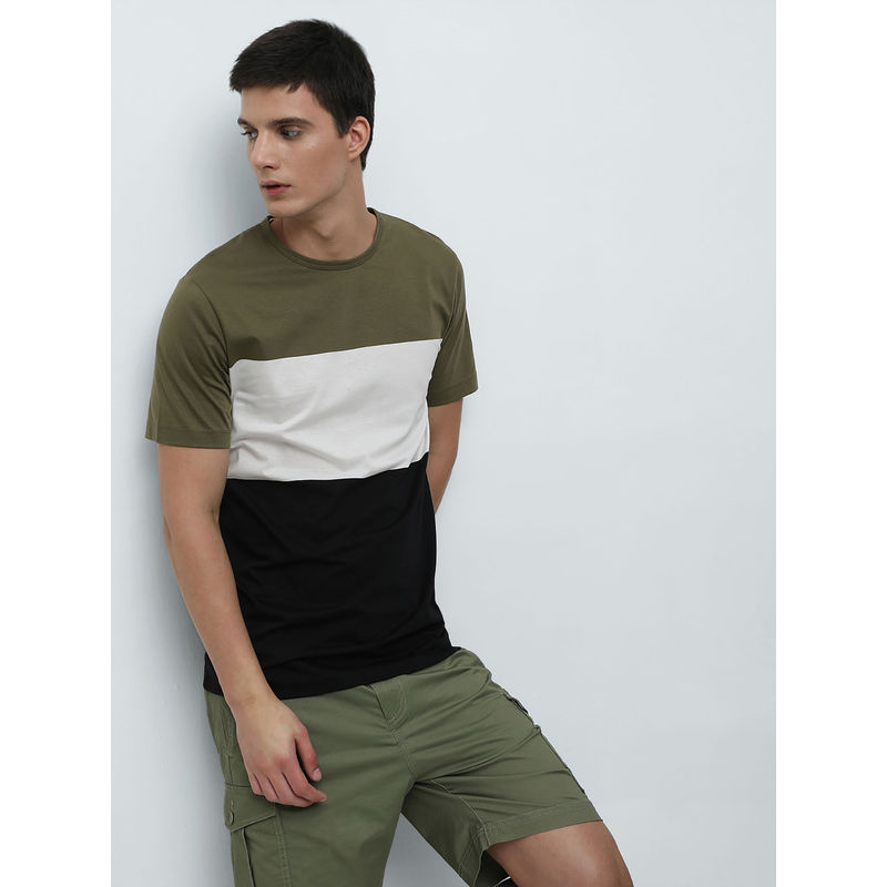 Buy Selected Green Colour Blocked Crew Neck T-Shirt Online